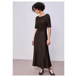 Midikleid Street One, Damen, Gr. 42, EURO-Gr&ouml;&szlig;en, espresso braun, Web, Obermaterial: 48% Baumwolle, 47% Modal, 5% Elasthan; Obermaterial 2: 95% Polyester, 5% Elasthan, unifarben, normal Midi, U-Boot-Ausschnitt, abgesteppt, Kleider Midikleid, mit plissiertem Rockteil