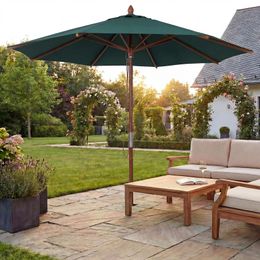 Gastronomie Holz-Sonnenschirm MCW-C57b, Gartenschirm, Polyester/Holz 14kg, rund &Oslash;3m Seilzug sto&szlig;sicher ~ dunkelgr&uuml;n