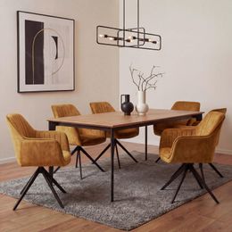 6er-Set Esszimmerstuhl MCW-L79, K&uuml;chenstuhl Armlehne drehbar Auto-Return Samt 440g/m&sup2; ~ Wildleder-Optik senfgelb