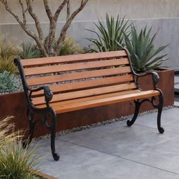 Gartenbank MCW-O25, Sitzbank Parkbank Holzbank 2-Sitzer, Gusseisen Holz Kiefer, 132cm ~ teak
