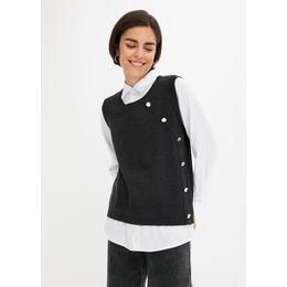 2-in-1-Pullover bonprix, Damen, Gr. 40/42 (M), grau (anthrazit meliert), Feinstrick;Web, Obermaterial: 50% Viskose, 26% Polyamid, 24% Polyester. Webteil: 100% Polyester, unifarben, unifarben mit Farbeins&auml;tzen, bequem Po-bedeckend, Rundhals, 1-Knopf-Manschette, Pullover, bestehend aus Strickpullunder mit Bluseneinsatz. bequem, Zierkn&ouml;pfe
