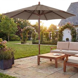 Gastronomie Holz-Sonnenschirm MCW-C57b, Gartenschirm, Polyester/Holz 14kg, rund &Oslash;3m Seilzug sto&szlig;sicher ~ taupe