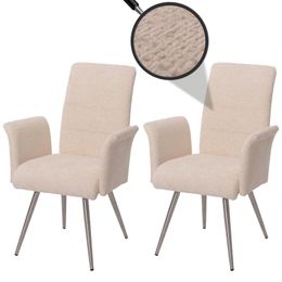 2er-Set Esszimmerstuhl MCW-G55, K&uuml;chenstuhl Stuhl mit Armlehne, Edelstahl geb&uuml;rstet Stoff/Textil Chenille &Ouml;ko-Tex ~ creme