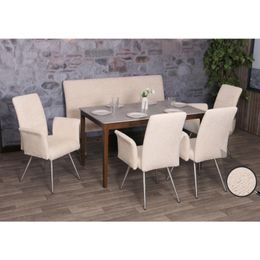 Esszimmer-Set MCW-G55, 4er-Set Stuhl mit Armlehne+Sitzbank 160cm, Edelstahl geb&uuml;rstet Stoff/Textil Chenille ~ creme