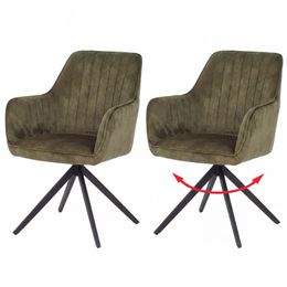 2er-Set Esszimmerstuhl MCW-L79, K&uuml;chenstuhl Armlehne drehbar Auto-Return Samt 440g/m&sup2; ~ Wildleder-Optik olivgr&uuml;n