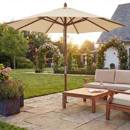 Gastronomie Holz-Sonnenschirm MCW-C57b, Gartenschirm, Polyester/Holz 14kg, rund &Oslash;3m Seilzug sto&szlig;sicher ~ creme