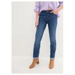 Straight-Jeans bonprix "Straight Jeans Mid Waist, Stretch", Damen, Gr. 46, N-Gr, blau denim used (l&auml;nge: regul&auml;r), Denim/Jeans, Obermaterial: 82% Baumwolle, 17% Polyester, 1% Elasthan, regular fit kn&ouml;chelfrei, Jeans Straight-Jeans, Regular Fit, mit Aufschlag, im Five-Pocket-Style