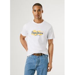 T-Shirt Pepe Jeans "MILTON TEE", Damen, Gr. L, wei&szlig; (800wei&szlig;), Jersey, Obermaterial: 100% Baumwolle, bedruckt, Rundhals, abgesteppte Kante, Shirts T-Shirt, mit Logoprint vorn