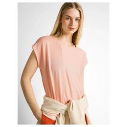 Rundhalsshirt Tom Tailor DENIM, Damen, Gr. L, small apricot wei&szlig;, Web, Obermaterial: 58% Viskose, 38% Polyester, 4% Elasthan, geringelt, gestreift, normal taillenlang, Rundhals, Shirts Rundhalsshirt, &Auml;rmellos im Streifen-Look