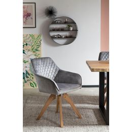 Armlehnstuhl Salesfever "V&auml;xj&ouml; - Esszimmerstuhl Komfort und Stil", grau (grau, eiche, eiche), B:59cm H:85cm T:61cm, Samtvelours (100% Polyester), Buche Massivholz, St&uuml;hle, Armlehnstuhl, Sitzkomfort neu definiert: 180 Drehplatte inklusive
