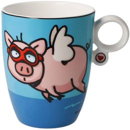 Tasse Goebel "K&uuml;nstlertasse Ed Eck- When Pigs Fly", blau (bunt), B:9cm H:11cm, Porzellan, Trinkgef&auml;&szlig;e, Tasse