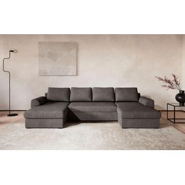 Wohnlandschaft COTTA "Drift U-Form Recamiere, Breite 327 cm", stone, B:327cm H:86cm T:154cm, 96% POLYESTER (PES) 4% POLYAMID(PA), Sofas, Wohnlandschaft, optional auch mit Schlaffunktion, Wellenunterfederung