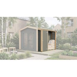 Kaminholzregal Weka "optionale Erweiterung f&uuml;r Gartenhaus Killarney", graugr&uuml;n, eiche hell, B:299cm H:211cm T:50cm, Holz, Kaminholzlager, Kaminholzregal, verschiedene Farben und Gr&ouml;&szlig;en