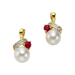 Paar Ohrstecker Firetti "Schmuck Geschenk Gold 333 Ohrschmuck Farbstein Edelstein Rubin", rot (gelbgoldfarben, wei&szlig;goldfarben, rot, rot), Ohrringe, Damen, 0,01 P1 = bei 10-facher Vergr&ouml;&szlig;erung erkennbare Einschl&uuml;sse, Diamanten Gelbgold 333 Perlen, Diamanten, Gelbgold 333, Perlen, mit Rubin - mit S&uuml;&szlig;wasserzuchtperle - mit Diamanten