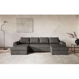 Wohnlandschaft COTTA "Drift U-Form Recamiere, Breite 327 cm", stone, B:327cm H:86cm T:154cm, 96% POLYESTER (PES) 4% POLYAMID(PA), Sofas, Wohnlandschaft, optional auch mit Schlaffunktion, Wellenunterfederung