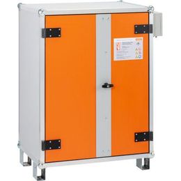CEMO Akku-Ladeschrank Premium Plus 8/10, 1-phasig, 230 V, Innenraumtemperatur-Anzeige, LockEX T&uuml;rverriegelung, strombetriebener Rauchmelder, akustischer Alarm, bel&uuml;ftet, mit Stapelf&uuml;&szlig;en, B 890 x T 660 x H 1110 mm, lichtgrau/reinorange