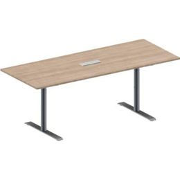 Sch&auml;fer Shop Sch&auml;fer Shop Genius Konferenztisch MODENA FLEX, 3-fach Anschluss, Rechteck, T-Fu&szlig; Rundrohr, B 2000 x T 800 x H 650-850 mm, Eiche-Dekor/wei&szlig;alu