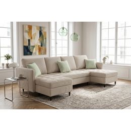 Wohnlandschaft DOREL HOME "LINDHUS, U-Form, verschiedene Stellvarianten, Modulsofa", creme, B:250cm H:80cm T:130cm, 93% Polyester, 7% Nylon, Sofas, Wohnlandschaft, Recamiere, Stauraum, Cord und Chenille-Bezug