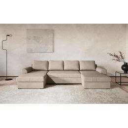 Wohnlandschaft COTTA "Drift U-Form Recamiere, Breite 327 cm", nature, B:327cm H:86cm T:154cm, 96% POLYESTER (PES) 4% POLYAMID(PA), Sofas, Wohnlandschaft, optional auch mit Schlaffunktion, Wellenunterfederung