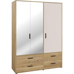 Dreht&uuml;renschrank FORTE "Schrank mit Spiegel, zeitloses Design, 3t&uuml;rig", mauvella eiche, sand, B:144,4cm H:200,1cm T:52,7cm, Holzwerkstoff, Schr&auml;nke, Dreht&uuml;renschrank, viel Stauraum, Schubladen, Spiegelt&uuml;renm H&ouml;he 200 cm