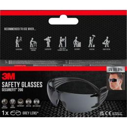 3M Schutzbrille SecureFit 200, EN 166:2001, kompatibel mit Kapselgeh&ouml;rschutz, UVA/UVB/UVC-resistent, Antibeschlag-Beschichtung, PC, grau