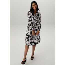 Blusenkleid Aniston SELECTED, Damen, Gr. 40, N-Gr, schwarz-wei&szlig; (schwarz, wei&szlig;), Web, Obermaterial: 100% Viskose, bedruckt, gemustert, figurumspielend wadenlang, 1-Knopf-Manschette, Kleider Blusenkleid, mit edler Palmen-Musterung