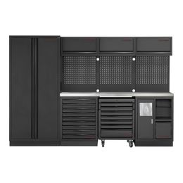 Kraftwerk 4-Element-Schrankwand mit Vierkantlochwand L&auml;nge 2955 mm Inox-Arbeitsplatte (3964D-BLK-IX)
