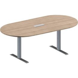 Sch&auml;fer Shop Sch&auml;fer Shop Genius Konferenztisch MODENA FLEX, 3-fach Anschluss, Oval, T-Fu&szlig; Rechteckrohr, B 2000 x T 1000 x H 650-850 mm, Eiche-Dekor/wei&szlig;alu