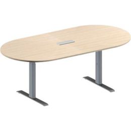 Sch&auml;fer Shop Sch&auml;fer Shop Genius Konferenztisch MODENA FLEX, 3-fach Anschluss, Oval, T-Fu&szlig; Rechteckrohr, B 2000 x T 1000 x H 650-850 mm, Ahorn/wei&szlig;alu