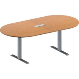 Sch&auml;fer Shop Sch&auml;fer Shop Genius Konferenztisch MODENA FLEX, 3-fach Anschluss, Oval, T-Fu&szlig; Rechteckrohr, B 2000 x T 1000 x H 650-850 mm, Buche/wei&szlig;alu