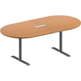 Sch&auml;fer Shop Sch&auml;fer Shop Genius Konferenztisch MODENA FLEX, 3-fach Anschluss, Oval, T-Fu&szlig; Rundrohr, B 2000 x T 1000 x H 650-850 mm, Buche/wei&szlig;alu