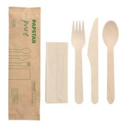 Papstar Besteckset Pure, bestehend aus 1 x Messer/1 x Gabel/1 x L&ouml;ffel/1 x Serviette, FSC&reg;-Holz, naturfarben, 50 Sets in Papierbeuteln