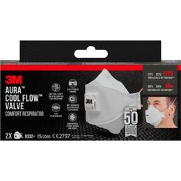 3M Einweg Atemschutzmaske AURA&trade; COOL FLOW&trade; 9332+, Filterklasse FFP3, mit Ventil, 3-teilig, faltbar, wei&szlig;, Packung mit 2 St&uuml;ck