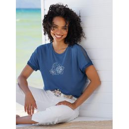 Kurzarmshirt Heine "Shirt", Damen, Gr. 34, jeansblau, 95% Polyester, 5% Elasthan, unifarben, Rundhals, Shirts