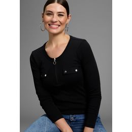 Longsleeve Bruno Banani, Damen, Gr. 32/34, schwarz, Rippware, Obermaterial: 100% Baumwolle, unifarben, figurbetont h&uuml;ftbedeckend, Rundhals, Shirts, mit Rei&szlig;verschluss im Ausschnitt