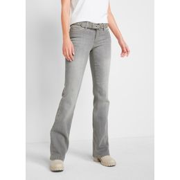 Bootcut-Jeans bonprix "Bootcut Jeans Mid Waist, Komfort-Stretch", Damen, Gr. 34, N-Gr, grau (hellgrau used (l&auml;nge: regul&auml;r)), Denim/Jeans, Obermaterial: 82% Baumwolle, 17% Polyester, 1% Elasthan, unifarben, slim fit lang, Jeans, Slim Fit Passform, aus Baumwollmischung mit Stretch-Anteil