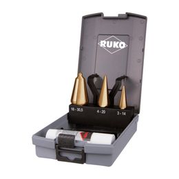 Ruko Blechsch&auml;lbohrer-Satz HSS-TiN, geschliffen in Kunststoffkassette (ABS) 4-teilig Gr&ouml;&szlig;en 1, 2, 3 (101020TRO)