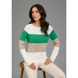 Rundhalspullover Laura Scott "aus k&uuml;hlem Sommerstrick", Damen, Gr. 44/46, sanftes wei&szlig;, gr&uuml;n gestreift, Feinstrick, Obermaterial: 50% Baumwolle, 50% Polyacryl, figurbetont h&uuml;ftbedeckend, Rundhals, Raglan&auml;rmel Rollkante, Pullover Rundhalspullover, leichter &Uuml;bergangspullover mit modernen Streifen