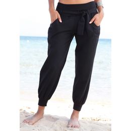 Strandhose Buffalo, Damen, Gr. 40, N-Gr, schwarz, Web, Obermaterial: 85% Baumwolle, 15% Leinen. B&uuml;ndchen: 95% Baumwolle, 5% Elasthan, unifarben, figurumspielend kn&ouml;chelfrei, Hosen Strandhose, aus Leinen-Mix, Leinenhose, leichte Sommerhose, Strandmode