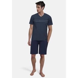 Shorty Bugatti "Turin", Herren, Gr. 54, blau (blau, mittel, meliert), Jersey, Obermaterial: 87% Baumwolle, 8% Polyester, 5% Elasthan, meliert, bequem kniefrei, V-Ausschnitt, Homewear-Sets Shorty, V-Ausschniitt, Kurzarm, kurze Hose, mit Logo, Baumwollmix