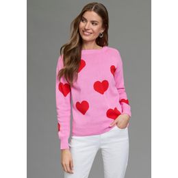 Jacquardpullover Laura Scott "aus angenehm leichtem Fr&uuml;hlingsstrick", Damen, Gr. 32/34, rosa, rot gemustert, Feinstrick, Obermaterial: 100% Baumwolle, Jacquardmuster, gemustert, figurumspielend h&uuml;ftbedeckend, Rundhals, Rippb&uuml;ndchen, Pullover, aus Baumwolle mit knalligem Herzmuster