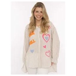 Hemdbluse Zwillingsherz "Rock n' Roll Patches", Damen, beige, Web, Obermaterial: 100% Baumwolle, gestreift, mehrfarbig, oversize Po-bedeckend, ohne Ausschnitt, mit Knopf 1-Knopf-Manschette, Blusen Hemdbluse, gestreift, l&auml;nger geschnitten, auffallende Teddy-Patches, Knopfleiste