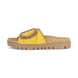 Pantolette Gabor, Damen, Gr. 36, gelb (dunkelgelb), Ziegenveloursleder, unifarben, Schuhe Pantolette, Plateau, Sommerschuh, Schlappen mit Zierperlen an der Zierschnalle