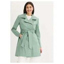 Trenchcoat bonprix, Damen, Gr. 44, rauchgr&uuml;n, Web, Obermaterial: 97% Baumwolle, 3% Elasthan. Futter: 100% Polyester, unifarben, A-Linie ca. Mitte Oberschenkel, angesetztes B&uuml;ndchen, M&auml;ntel, mit abnehmbarem Bindeg&uuml;rtel, 2-Reiher