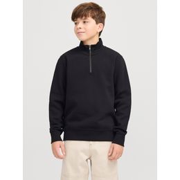 Jack & Jones Sweatshirt JACK & JONES JUNIOR "JJEBRADLEY SWEAT HALF ZIP NOOS JNR", Jungen, Gr. 152, schwarz, angeraute Sweatware, Obermaterial: 61% Polyester, 39% Baumwolle, unifarben, relaxed fit normal, ohne Ausschnitt, Rippb&uuml;ndchen, Sweatshirts Sweatshirt