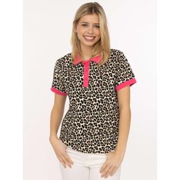 Poloshirt Zwillingsherz "Leo", Damen, Gr. L, pink, Web, Obermaterial: 100% Baumwolle, Shirts, mit Leomuster, kontrastierender Knopfleiste, kurzarm