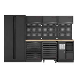 Kraftwerk 4-Element-Schrankwand mit Vierkantlochwand L&auml;nge 2955 mm Multiplex-Arbeitsplatten (3964D-BLK)