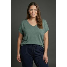V-Ausschnitt-Pullover LAURA SCOTT CURVE "in Shirt-Form f&uuml;r den Sommer", Damen, Gr. 40/42, dunkelgr&uuml;n, Feinstrick, Obermaterial: 80% Viskose, 20% Polyamid, unifarben, figurumspielend h&uuml;ftbedeckend, tiefer V-Ausschnitt, angeschnitten, Pullover, sommerlicher Feinstrick mit figurschmeichelnder Passform