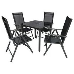 Garten-Essgruppe Vcm "5 tlg. Alu Glas Tisch Gartenset Sitzgruppe 80 SW", schwarz (anthrazit), B:80cm T:80cm, Obermaterial: 100% Metall MT., Sitzm&ouml;bel-Sets