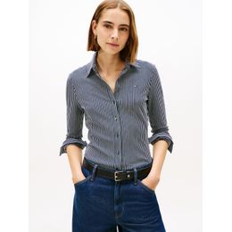 Langarmbluse Tommy Hilfiger "SLIM PIQUE", Damen, Gr. L (42/44), schwarz night navy, ecru ithaca, Web, Obermaterial: 96% Baumwolle, 4% Elasthan, gestreift, normal, Blusen, Baumwollmischung, slim fit